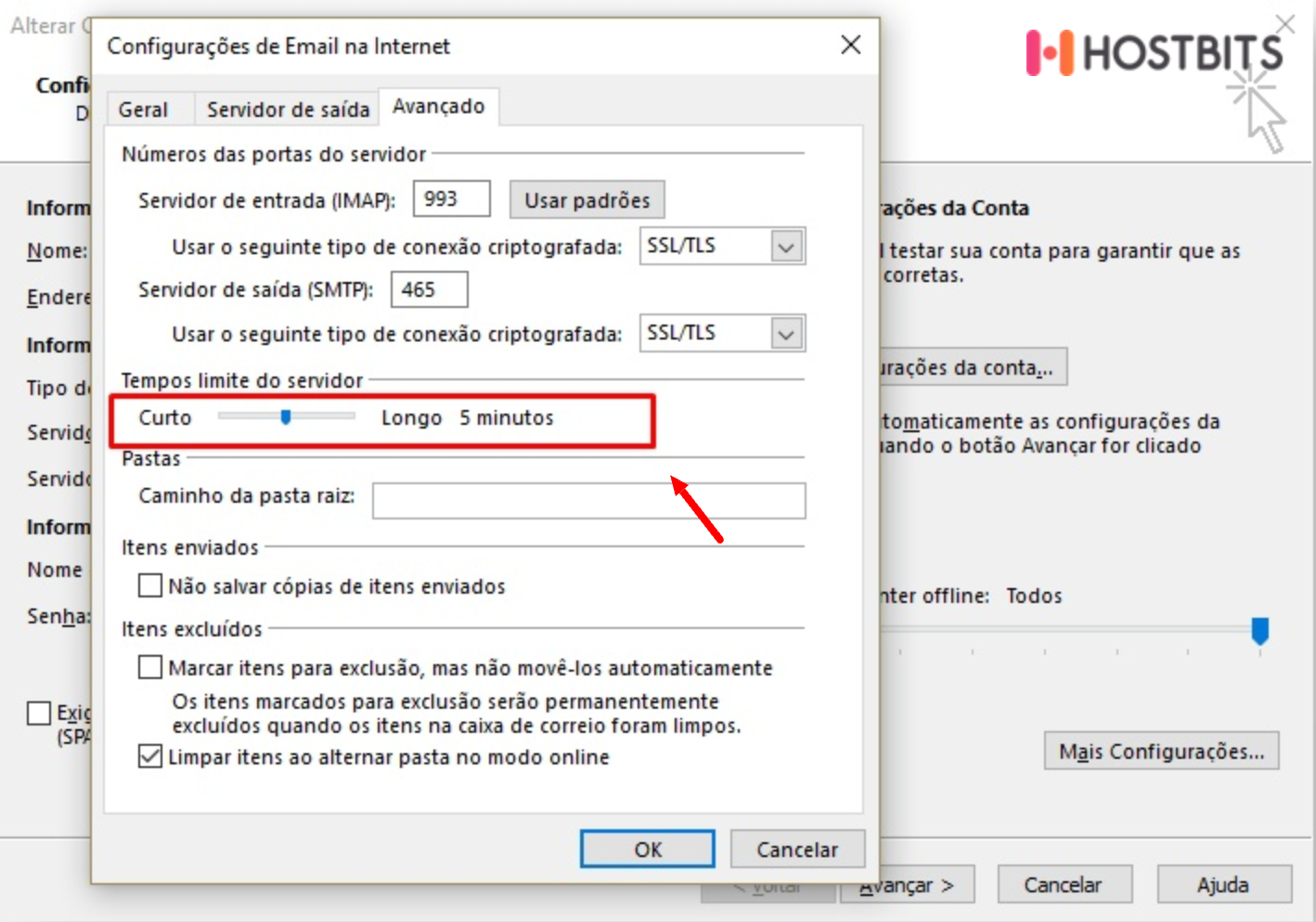 Alterando o tempo limite do servidor SMTP - Outlook